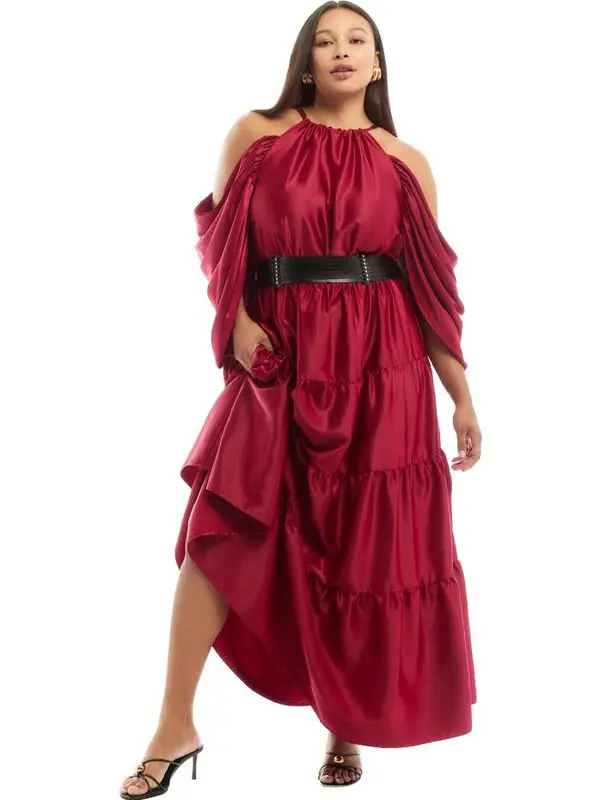 JUNE + VIE Off-the-shoulder Halter Maxi Dress - Bold Red