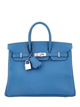 HERMES Birkin 25 Handbag Blue Epsom With Palladium Hardware - Mykonos
