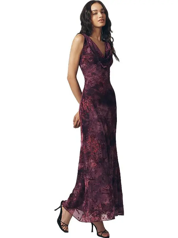 HUTCH Khloe Cowl-neck Stretch Burnout Velvet Maxi Dress - Berry