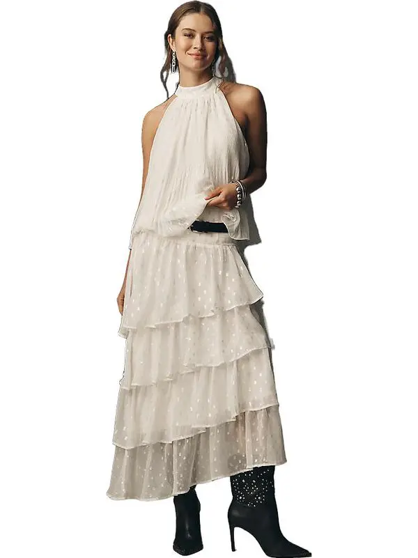 EN SAISON Camille Asymmetric Ruffled Maxi Skirt - White Metallic
