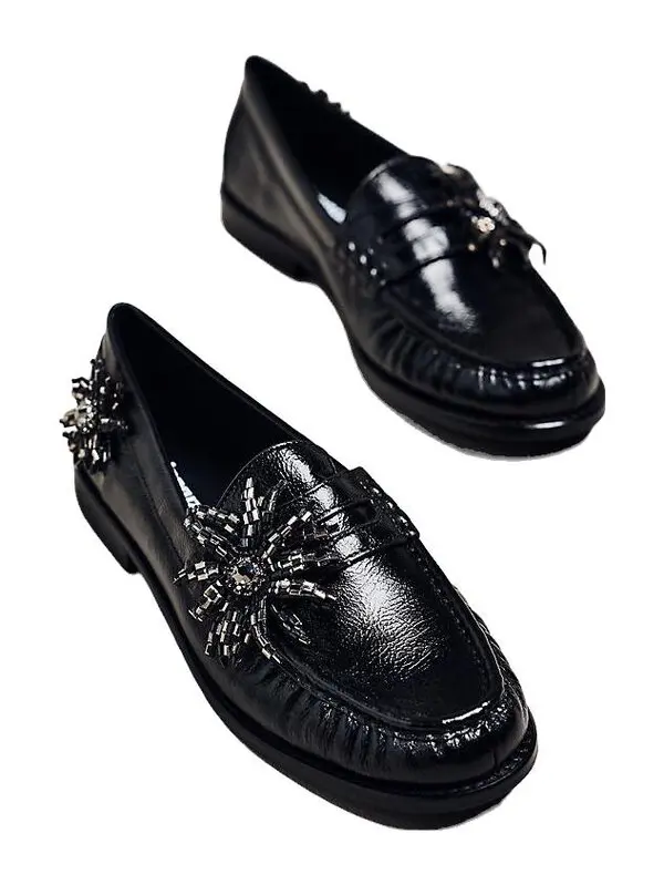 Lola Cruz Beaded Flower Loafers - Black