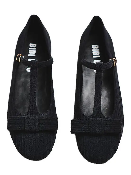 BIBI LOU Corduroy Bow T-strap Flats - Black