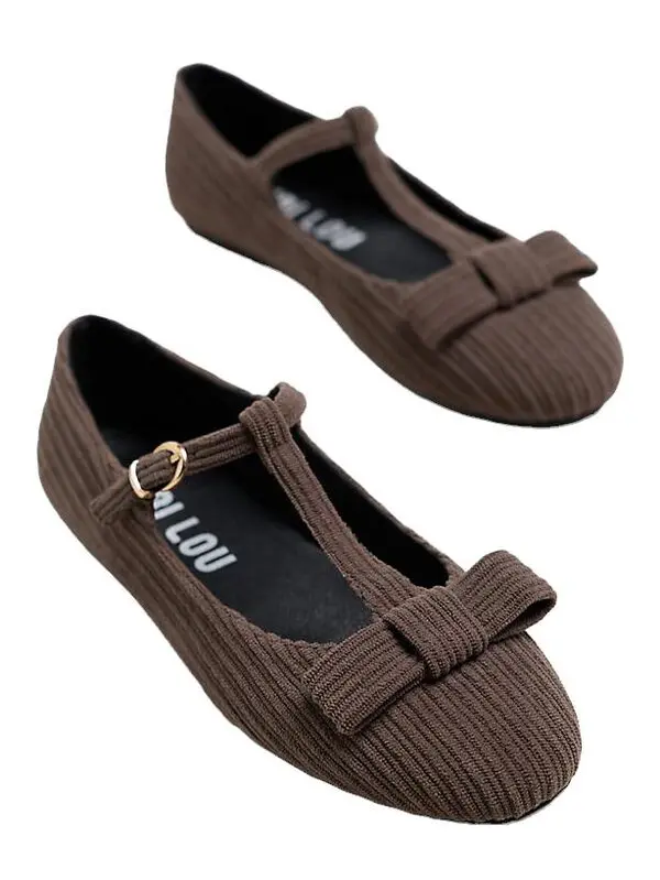 BIBI LOU Corduroy Bow T-strap Flats - Cocoa