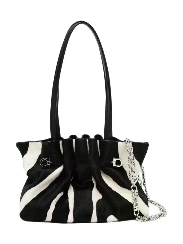 FERRAGAMO Animal-printed Calf Hair Shoulder Bag - Black