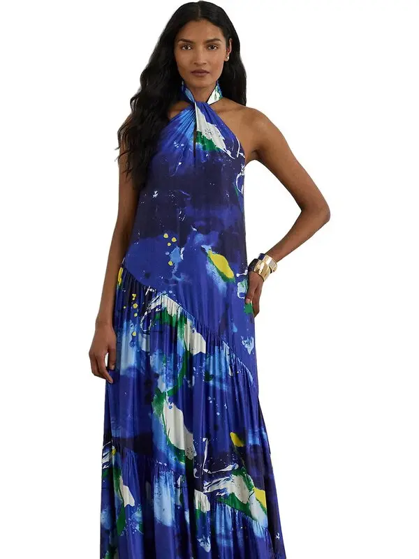 Ralph Lauren Abstract-print Shantung Halter Gown - Blue Multi