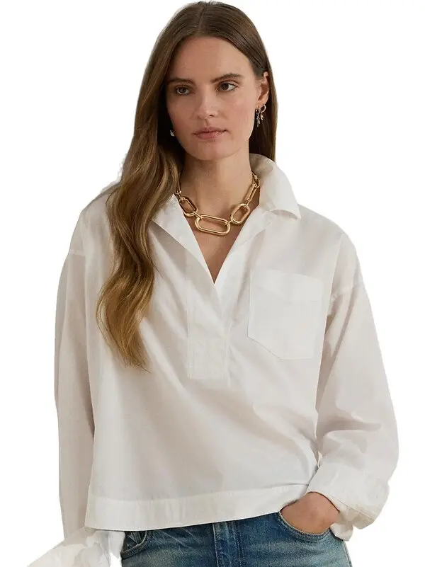 Ralph Lauren Cotton Broadcloth Cropped Shirt - White
