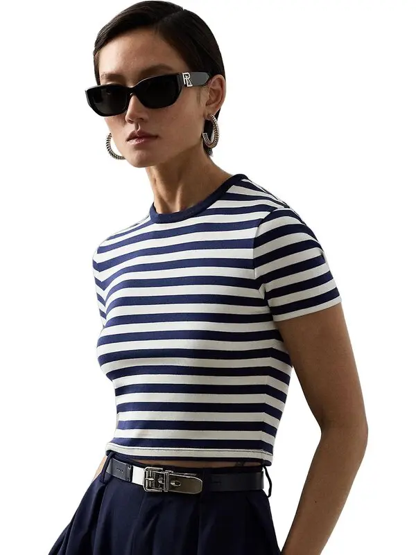 Ralph Lauren Striped Cropped Tee - Cream/icon Navy