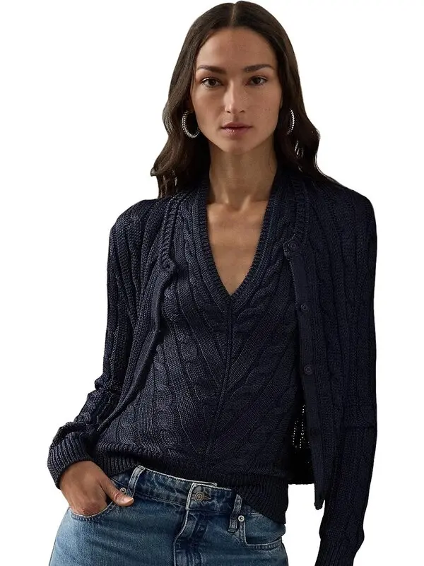 Ralph Lauren Cable-knit Silk Cropped Cardigan - Lux Navy