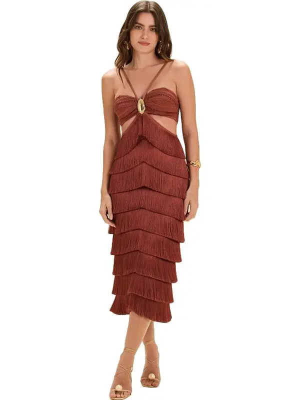 PatBO Amber Fringe Midi Dress - Brown