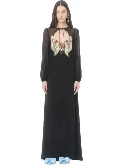 Valentino Garavani Embroidered Georgette Long Dress - Black