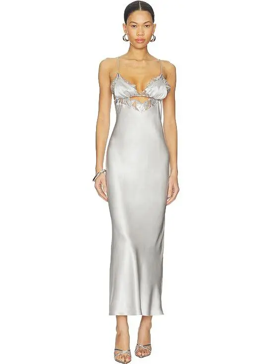 Fleur Du Mal Foil Lily Embroidery Cutout Slip Dress - Platinum