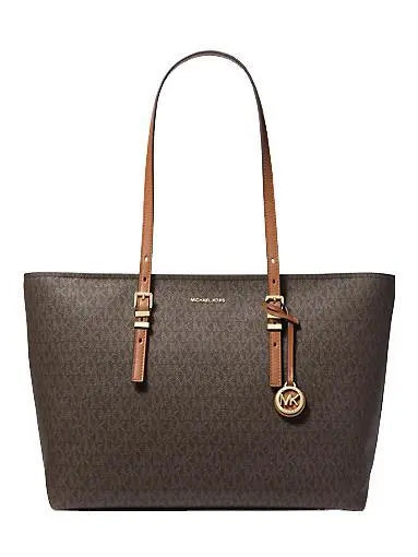 Michael Kors Quinn Large Signature Logo And Leather Tote Bag - Brown