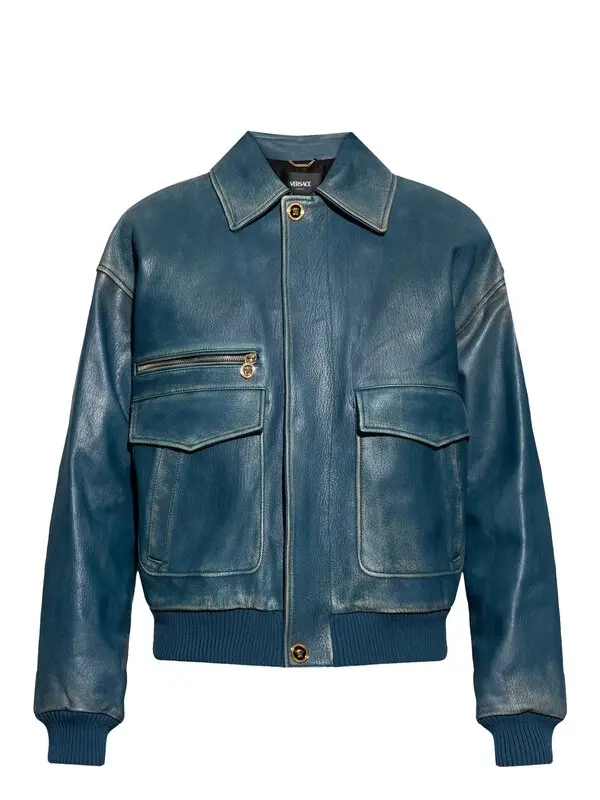 Versace Leather Bomber Jacket - Blue