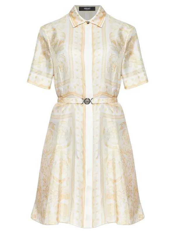 Versace Silk Shirt Dress With Baroque Pattern And Medusa Belt - Cream