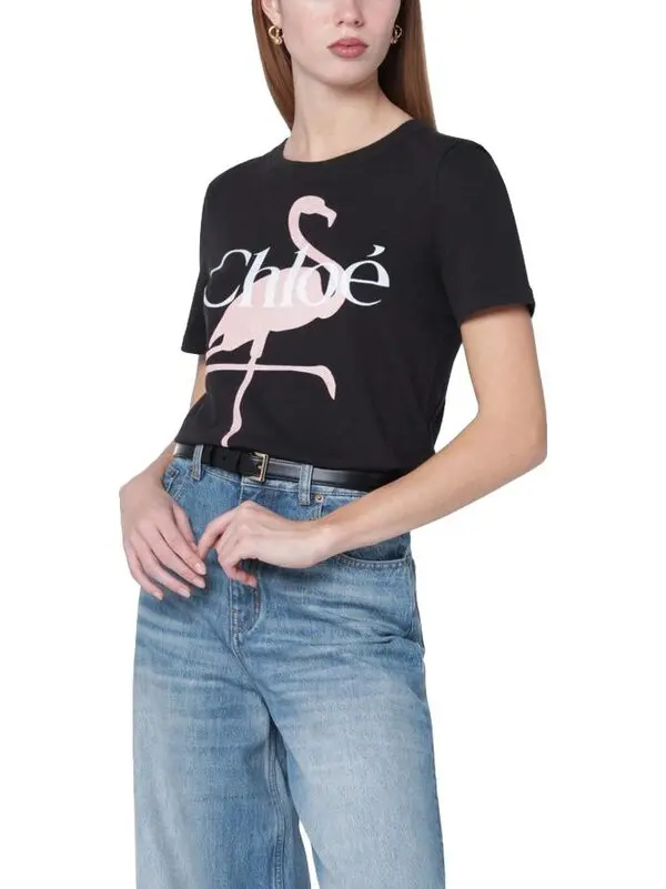 Chloé Baby-fit T-shirt With Logo And Flamingo Print - Black