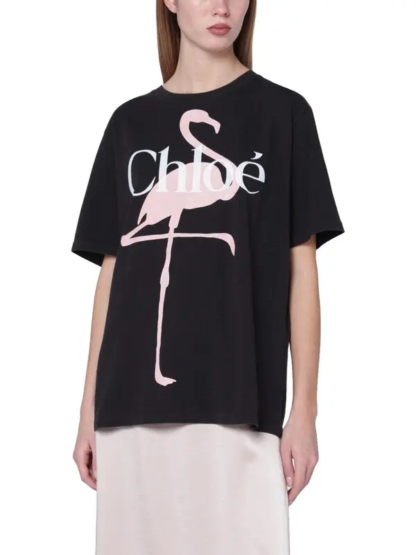 Chloé Oversized T-shirt With Logo And Flamingo Print - Black