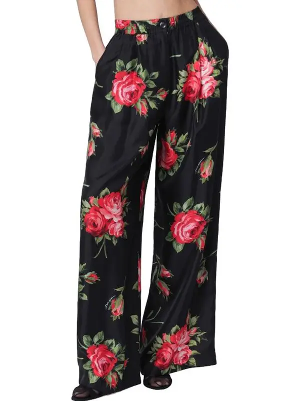 Dolce & Gabbana Wide Leg Silk Twill Trousers With Floral Print - Black