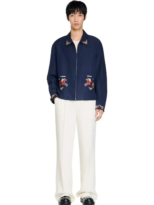 Sandro Embroidered Wing Collar Jacket - Navy Blue