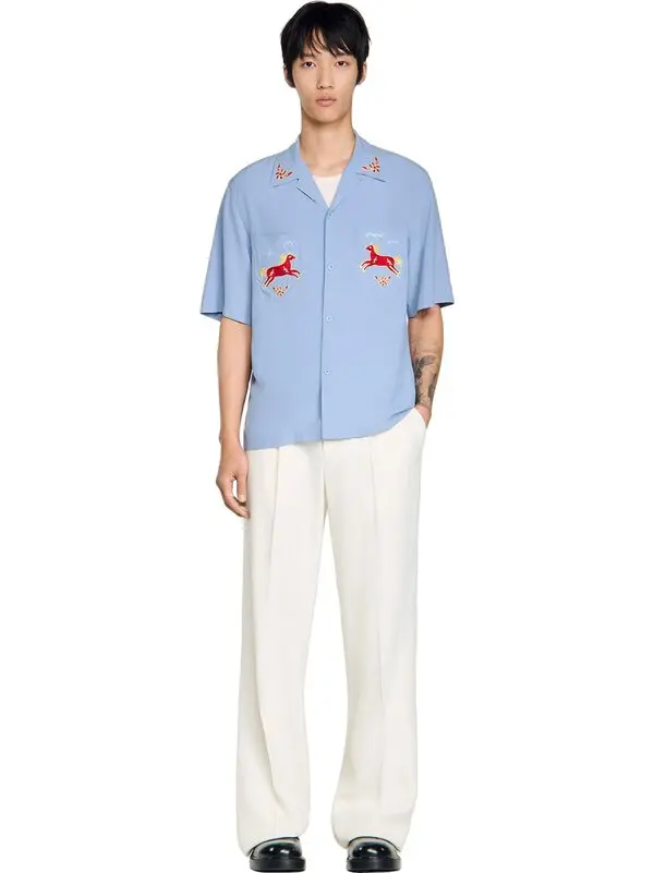 Sandro Embroidered Horse Loose-fit Shirt - Chambray
