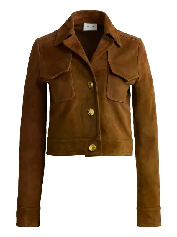 St. John Laurel Suede Jacket With Gold Button - Brown