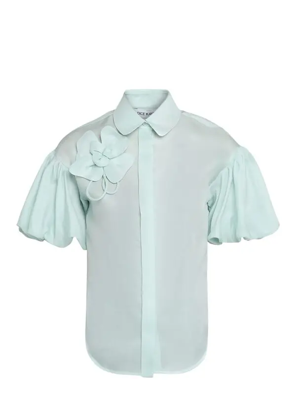 Dice Kayek Flower Applique Silk Puff-sleeve Shirt - Blue