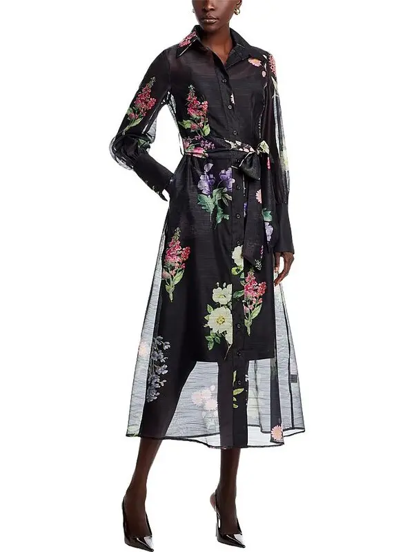 NANCY YANG Floral Button-front Sheer Dress - Black
