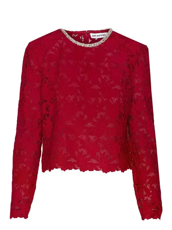 SELF-PORTRAIT Lace Blouse With Crystal Collar - Red