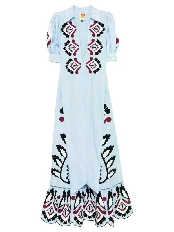 Farm Rio Embroidered Puff-sleeve Maxi Dress - Blue