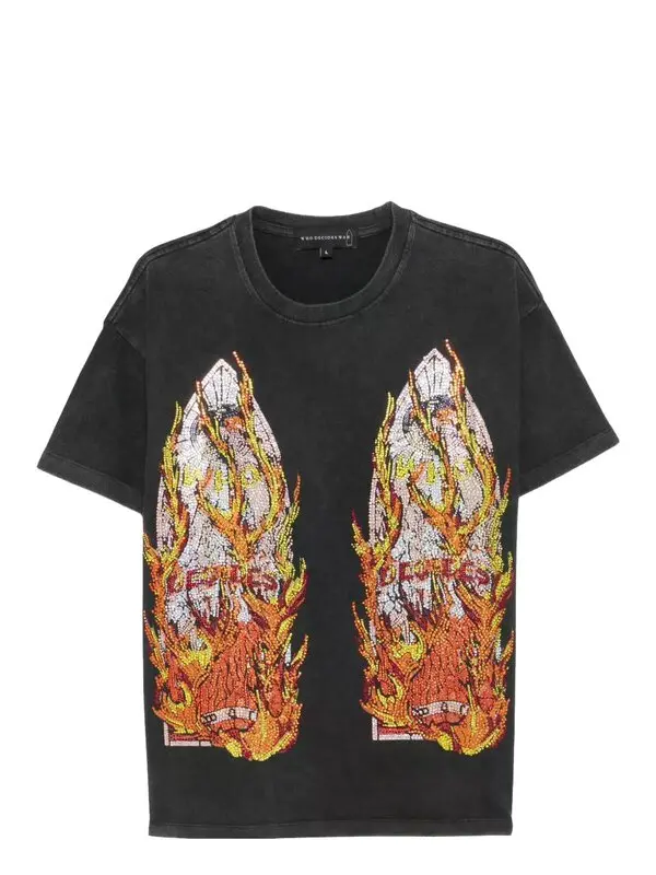 WHO DECIDES WAR BY EV BRAVADO Rhinestone Flame T-shirt - Black