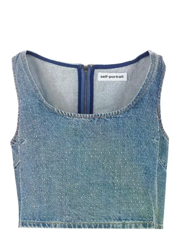 SELF-PORTRAIT Denim Scoop-neck Crop Top - Blue