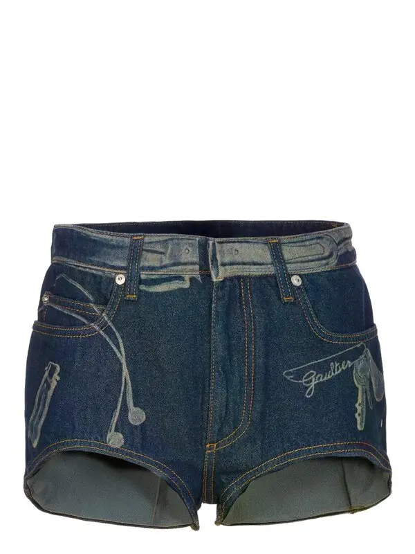 Jean Paul Gaultier Printed Denim Mini Shorts - Blue