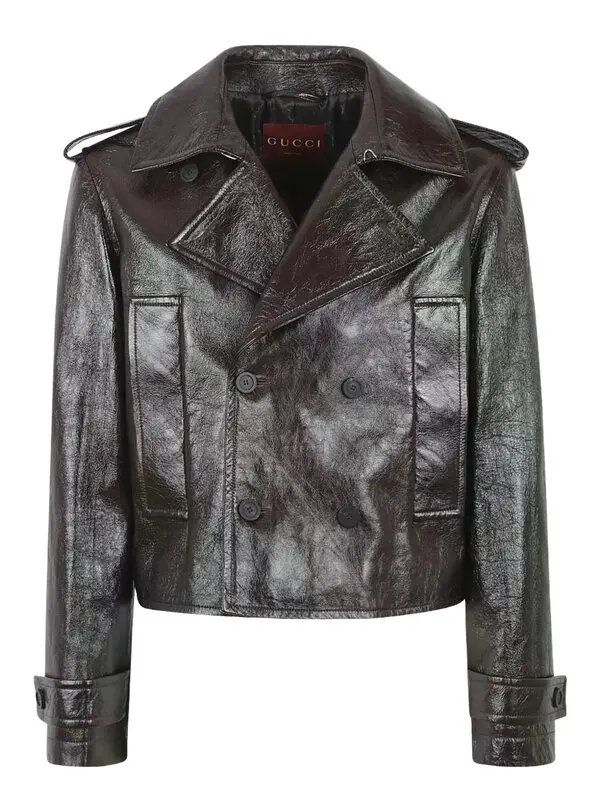 Gucci Double-breasted Leather Jacket - Brown