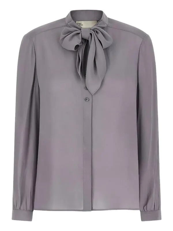 Tory Burch Georgette Bow Mandarin Collar Blouse - Grey