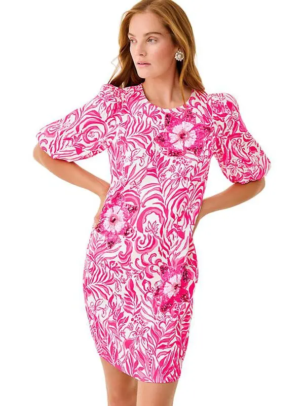 Lilly Pulitzer® Lorraine Beaded Stretch Dress - Sun Shell Pink Crossgrain Festive Fronds