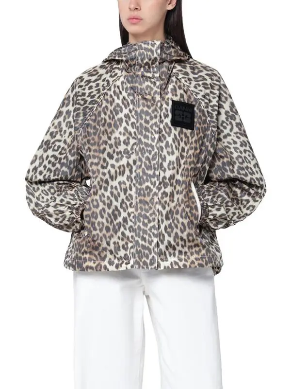 GANNI Leopard Print Hooded Jacket - Beige