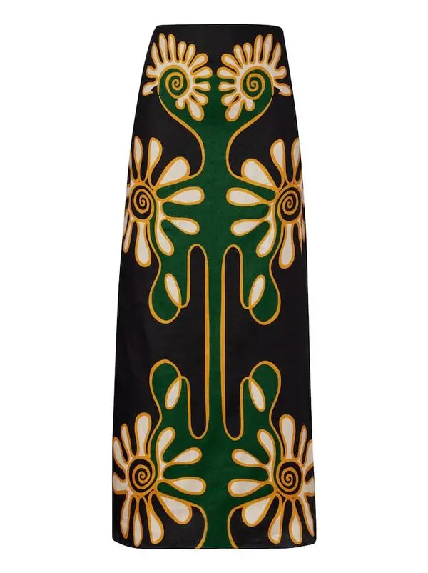 CALA DE LA CRUZ Celina Printed Linen Midi Skirt - Multicoloured