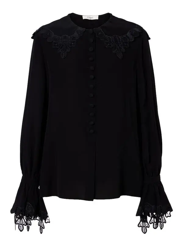 Chloé Embroidered Silk Crepe De Chine Blouse - Black