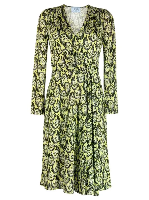 Prada Abstract-print Silk Knee-length Dress - Green