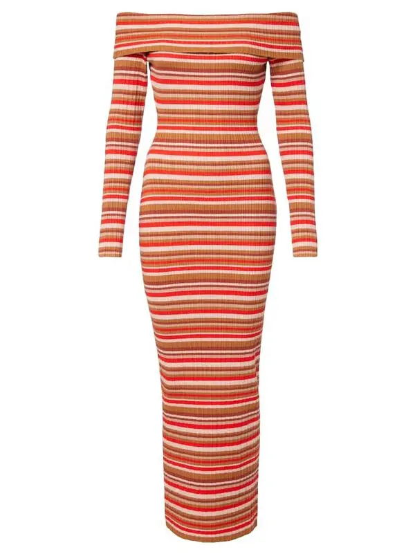 BANANHOT Bonnie Ribbed-knit Striped Off-shoulder Maxi Dress - Multicoloured