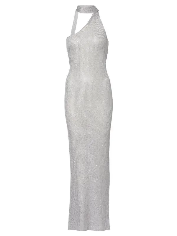 BANANHOT Sequin One-shoulder Maxi Dress - Silver