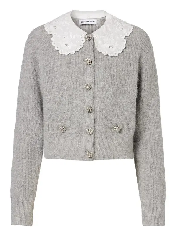 SELF-PORTRAIT Embellished Lace-trimmed Cardigan - Grey