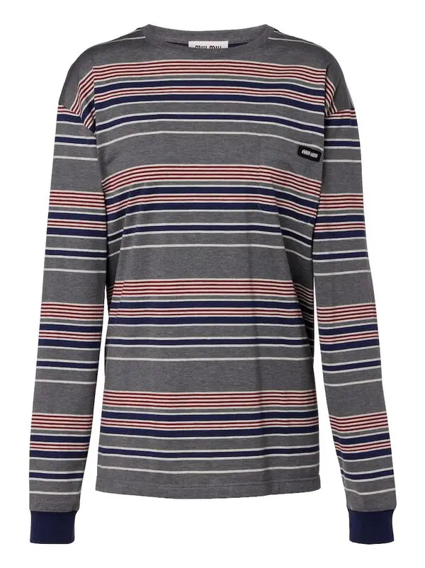 Miu Miu Striped Oversized Cotton Jersey T-shirt - Grey