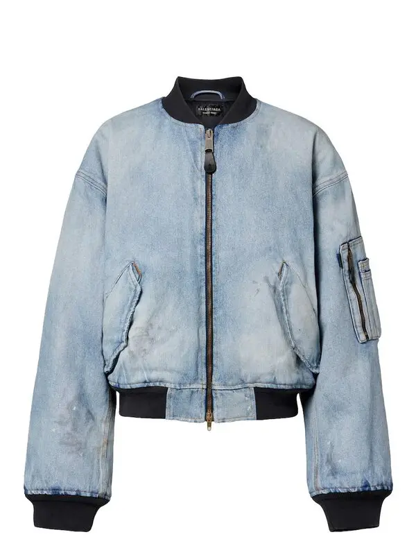 Balenciaga Cropped Denim Bomber Jacket - Blue