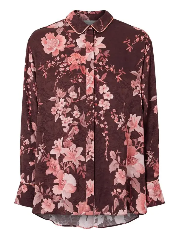 Borgo De Nor Floral-print Satin-jacquard Shirt - Burgundy