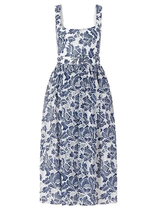Borgo De Nor Mackenzie Belted Lace-paneled Cotton-blend Midi Dress - Blue