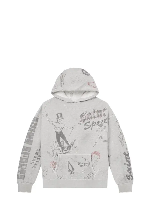 SAINT MXXXXXX Printed Distressed Cotton-jersey Hoodie - Gray