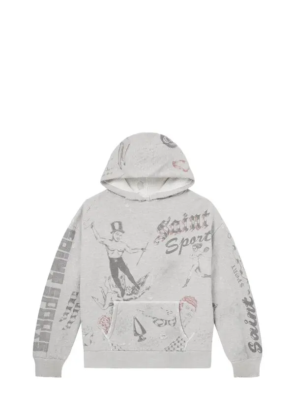 SAINT MXXXXXX Printed Distressed Cotton-jersey Hoodie - Gray