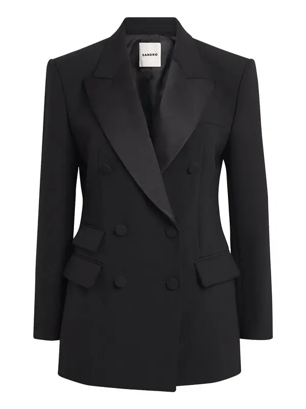 Sandro Satin-collar Double-breasted Blazer - Black