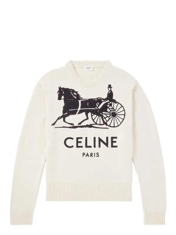 Celine Slim-fit Logo-intarsia Cashmere Sweater - White