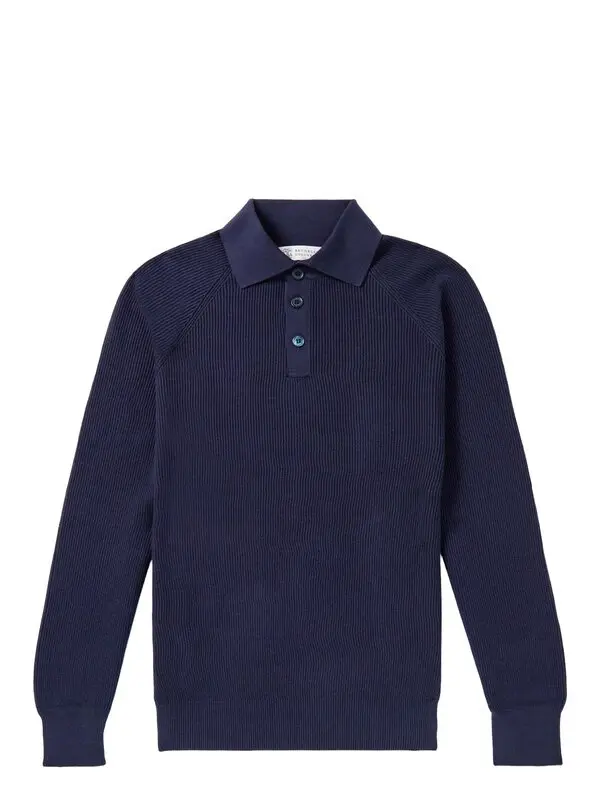 Brunello Cucinelli Ribbed Cotton Polo Shirt - Blue